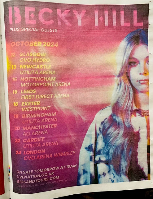 BECKY HILL TOUR Dates Live Ad 2024 Newspaper Advert Poster Full Page ...