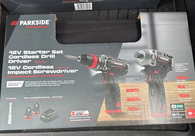 PARKSIDE PERFORMANCE 12V Cordless Drill & Impact Driver Set 2 Batteries ...