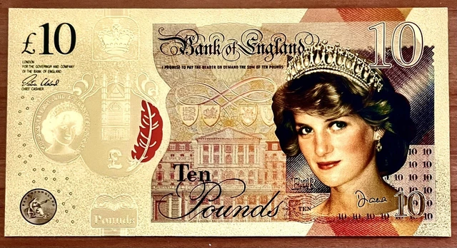TEN POUNDS PRINCESS Diana 24k Gold Foiled Novelty Banknote Last Rose ...