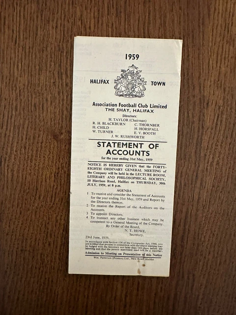 HALIFAX BALANCE SHEET & Accounts plus AGM minutes 1959 ( 36/6) £27.00 ...
