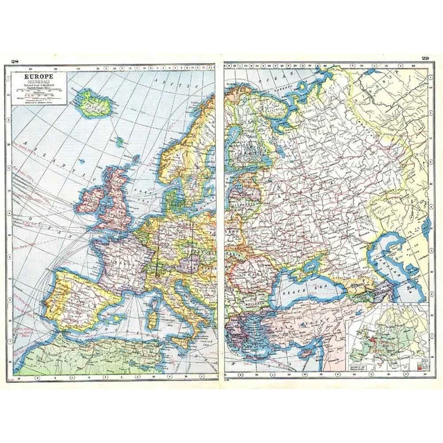 ANTIQUE MAP 1920 - General Map of Europe - Harmsworth Atlas £11.99 ...