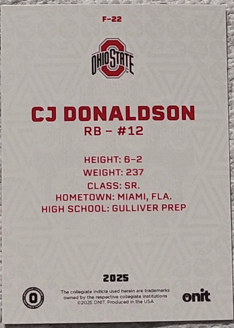 💥 2025 CJ Donaldson 2025 ONIT /199 Fusion Silver Holo Ohio State ...
