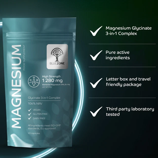 MAGNESIUM GLYCINATE 1280.60 mg per Serving (106% NRV) High Strength ...