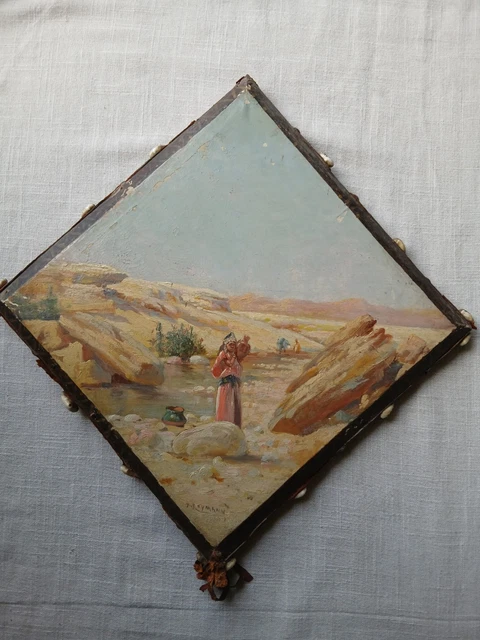 TABLEAU ANCIEN ORIENTALISTE porteuse d'eau au bord de l'oued J.J ...