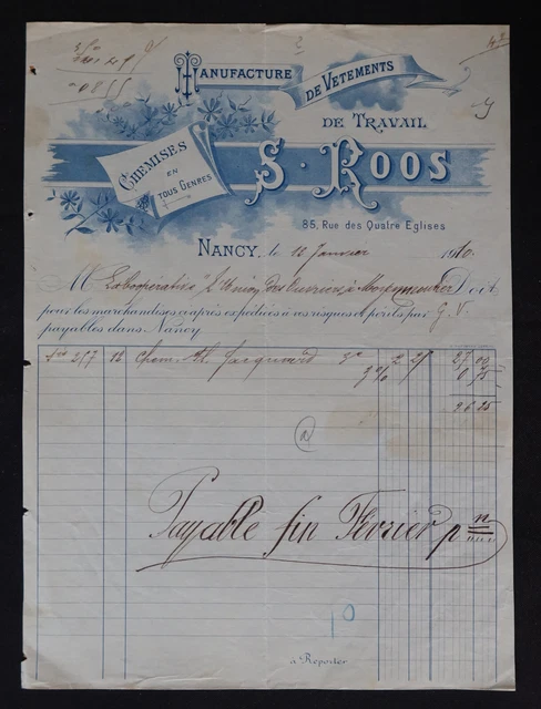 FACTURE NANCY 1910 MANUFACTURE DE Vetement de TRAVAIL S ROOS 148 EUR 13 ...