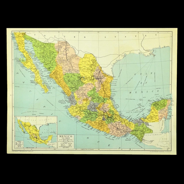 VINTAGE MEXICO MAP Old Original 1940s Guadalajara Baja California Wall ...