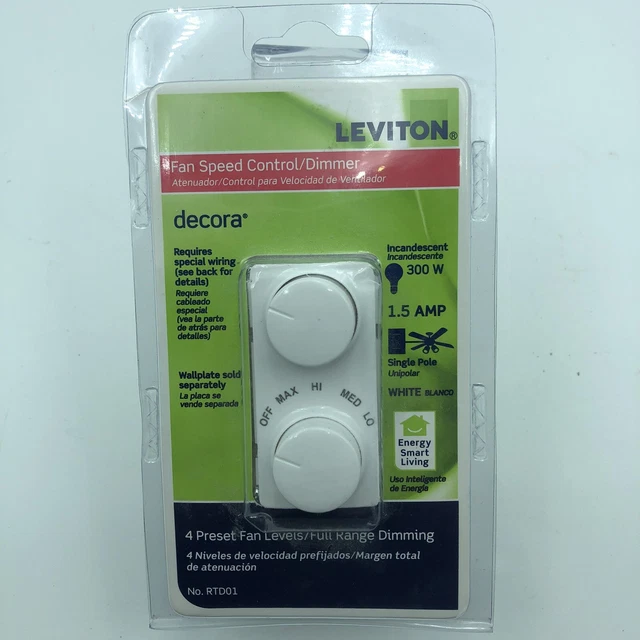 LEVITON DECORA FAN Speed Control/Dimmer RTD01 White 300 Watt 1.5 AMP ...