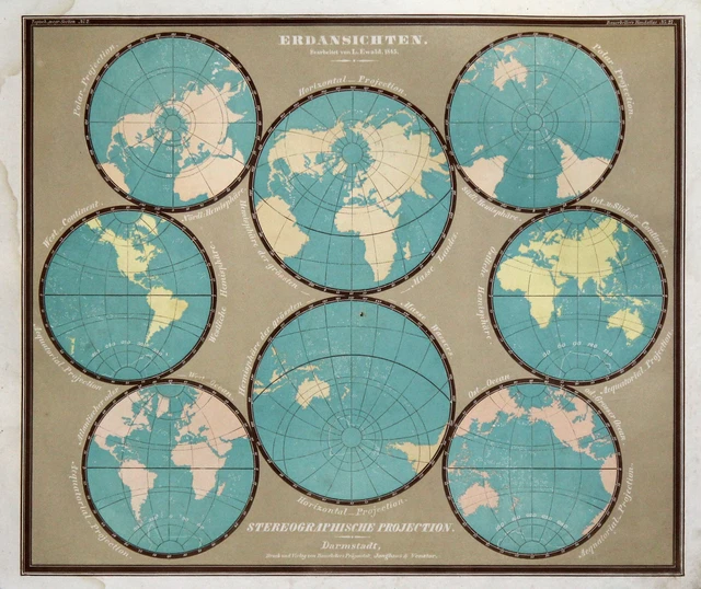 WORLD MAP ORIGINAL Lithography Map Bauerkeller 1845 8 Representations £ ...