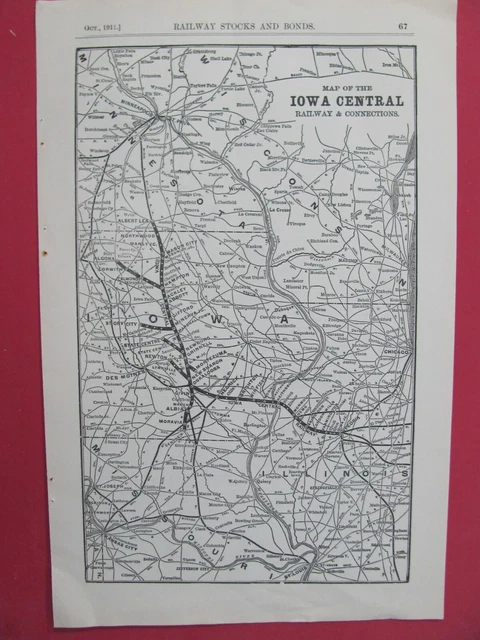 1911 IOWA CENTRAL Railroad Original System Map Routes Stations Iowa Rr ...