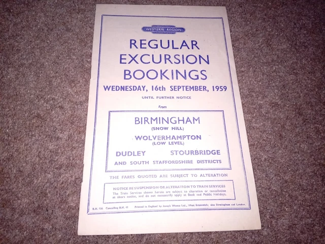 BRITISH RAIL WESTERN Regular Excursion Bookings Timetable 1959 ...