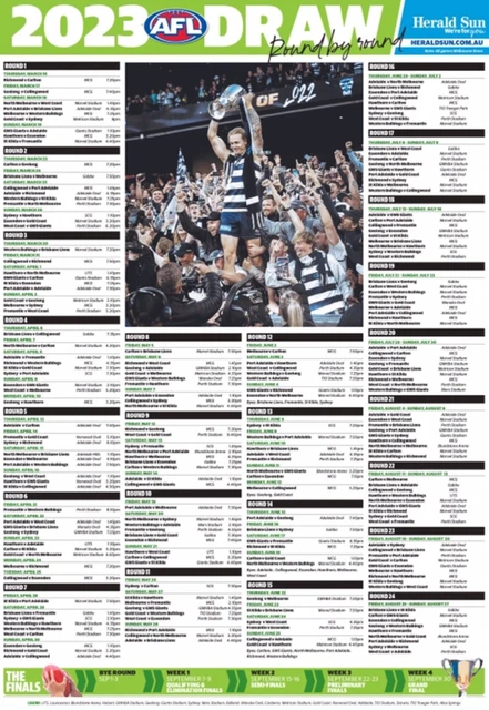 2023 AFL FOOTBALL teams draw match fixture poster,BIG 420mm, FREE POST ...
