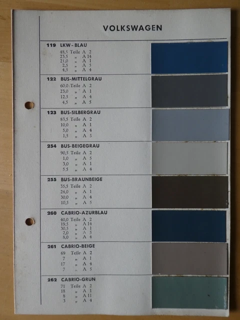 ORIGINAL VW BUS CABRIO Farbtabelle FARBKARTE 50er Jahre Farbmuster Lackmuster EUR 38,00 ...