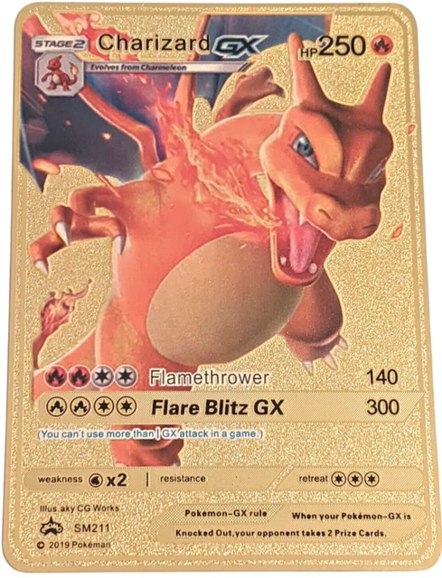 POKEMON GOLD CHARIZARD GX Stage 2 Metal Card | Fire Charzard Pokemon ...