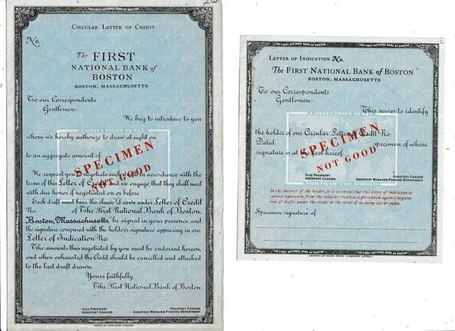 FIRST NATIONAL BANK Of Boston Specimen Letters Of Credit £16.15 ...