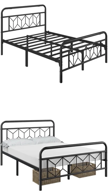 MODERN DOUBLE METAL Bed Frame with Vintage Headboard Black Bedroom ...
