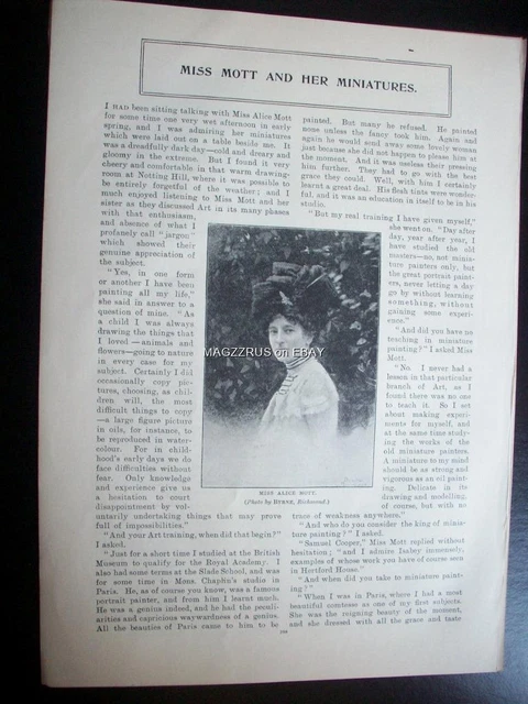 1901 INTERVIEW ALICE MOTT painter of miniatures : magazine article zx £ ...