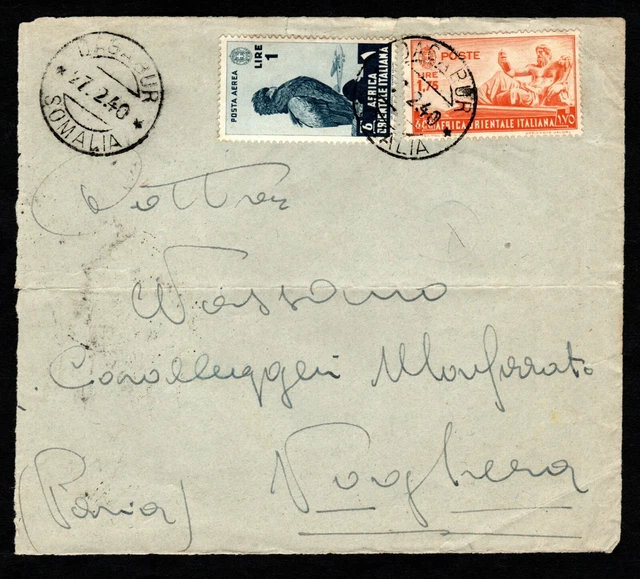 SOMALIA ITALIANA, FRONTE BUSTA 1940, SASS. AOI 14+A5, DAGABUR x VOGHERA ...